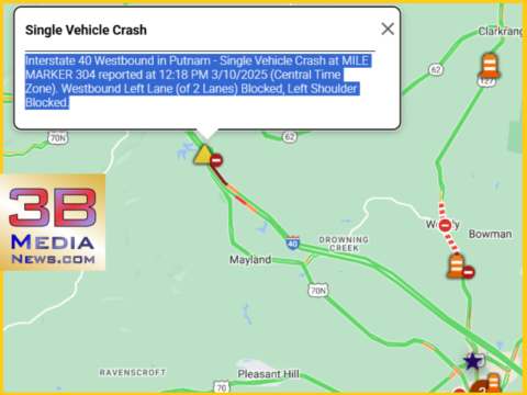 SINGLE VEHICLE CRASH ON I-40 IN PUTNAM – 3B Media News