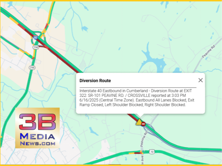 TRAFFIC DIVERSION ON I-40 IN CUMBERLAND COUNTY – 3B Media News